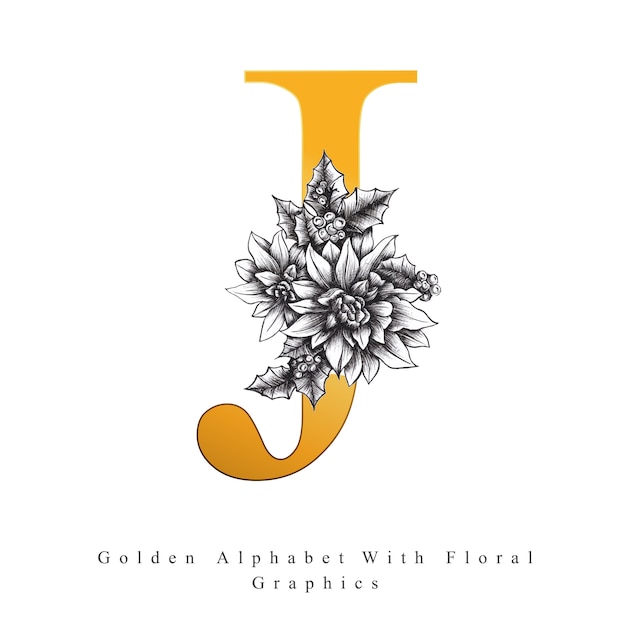 Golden Letter J with Detailed Floral Illustration | Jiffy Designs