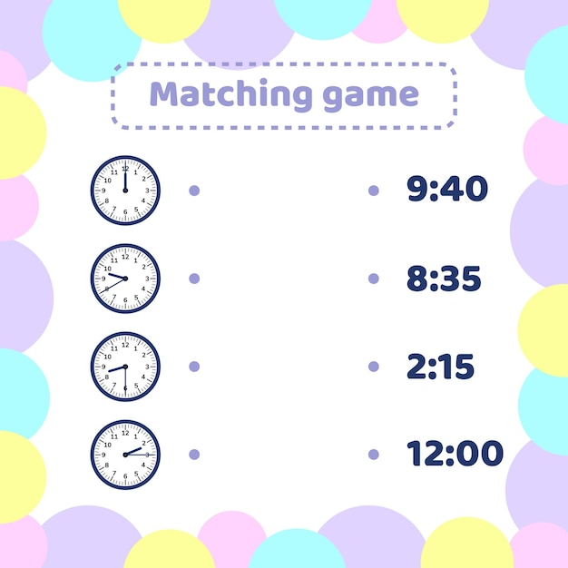 Matching Clocks and Times in Colorful Dots Background | Jiffy Designs