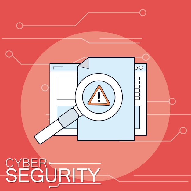 Cyber Security Concept with Warning and Magnifying Glass Illustration ...