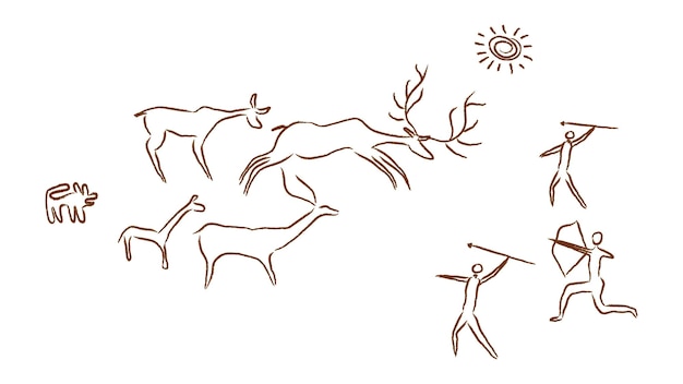 Primitive Rock Art Depicting Deer, Hunters, and Sun | Jiffy Designs