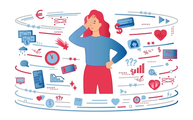 Confused Woman Surrounded by Diverse Digital Icons and Symbols | Jiffy ...