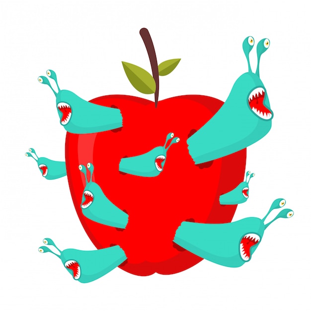Playful Monsters Devouring a Vibrant Red Apple | Jiffy Designs