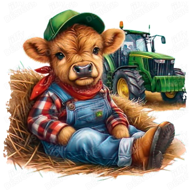 Farmer Calf Relaxing on Hay with Green Tractor in Background | Jiffy ...