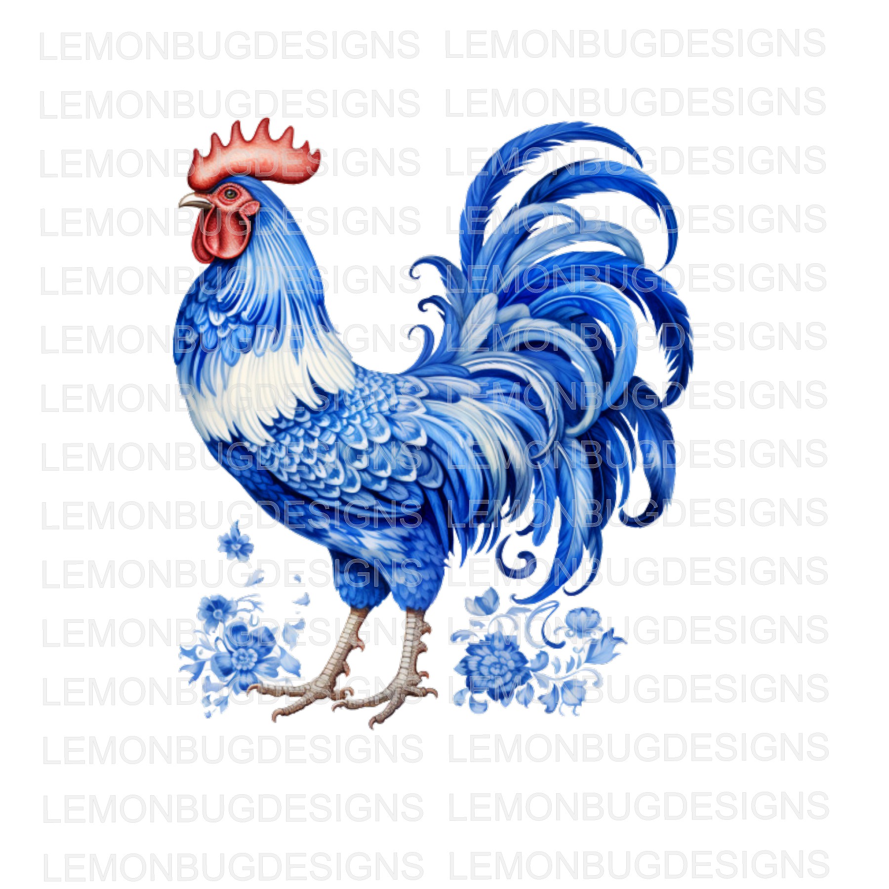 Majestic Blue Rooster with Flowing Tail Feathers and Delicate Floral ...