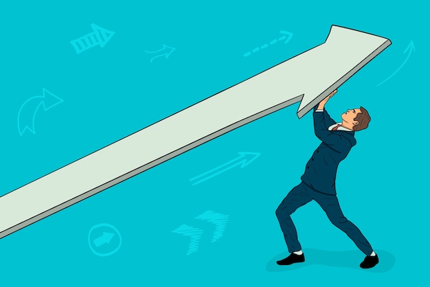 Determined Businessman Pushing Arrow Upward on Teal Background | Jiffy ...