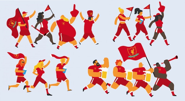 Dynamic Crowd of Energetic Red-Clad Figures Waving Flags and Banners ...