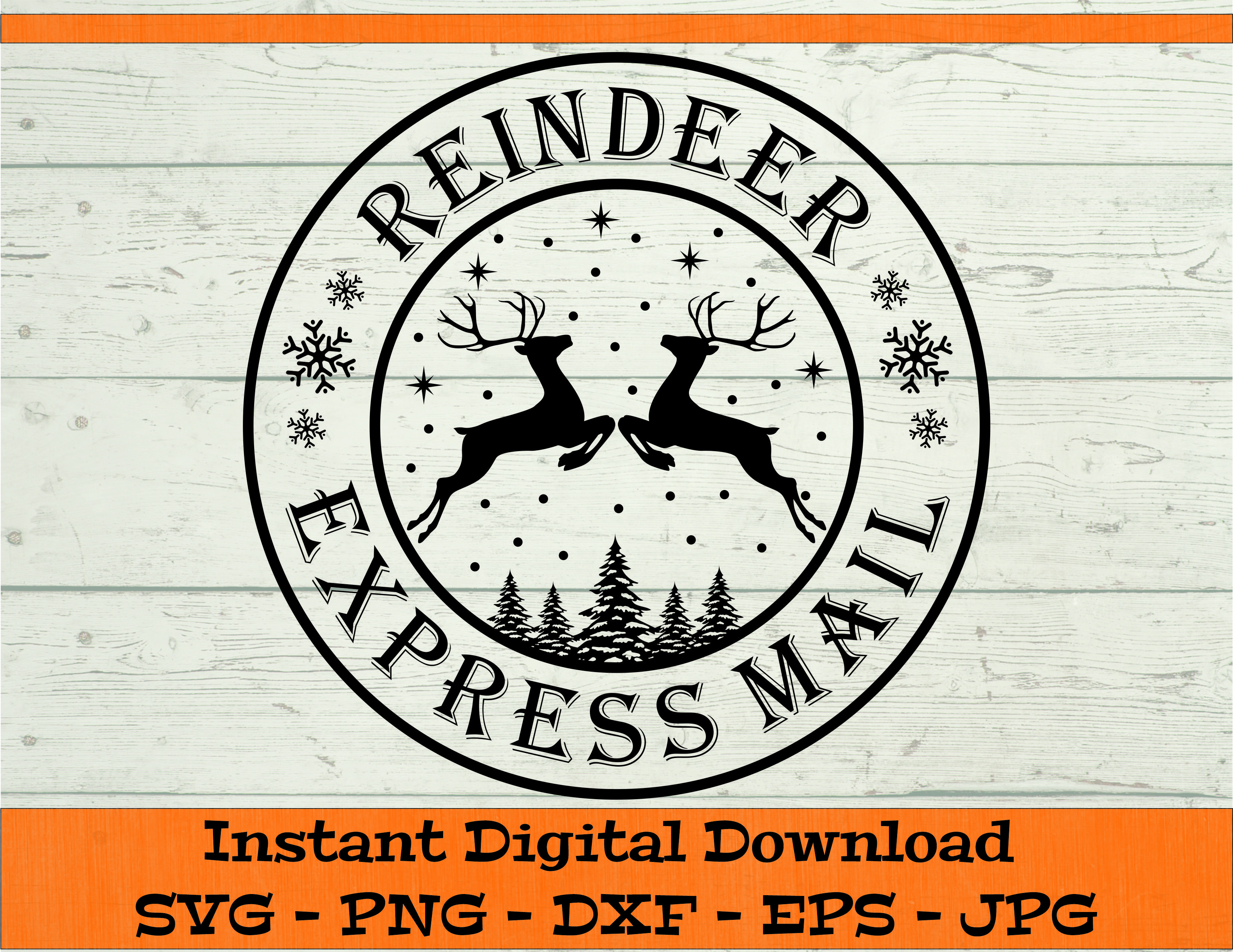 'Reindeer Express Mail' Circular Emblem with Leaping Deer and Winter ...