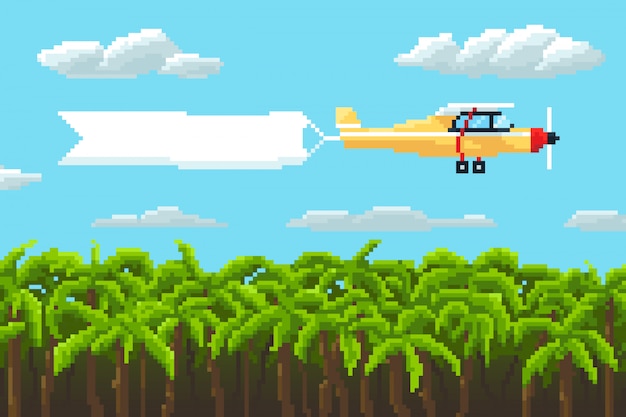 Soaring Propeller Plane Trailing Banner Over Lush Pixel Landscape ...