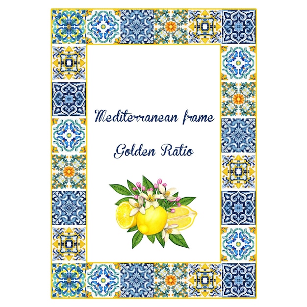 Vibrant Mediterranean Mosaic Frame with Golden Lemons | Jiffy Designs