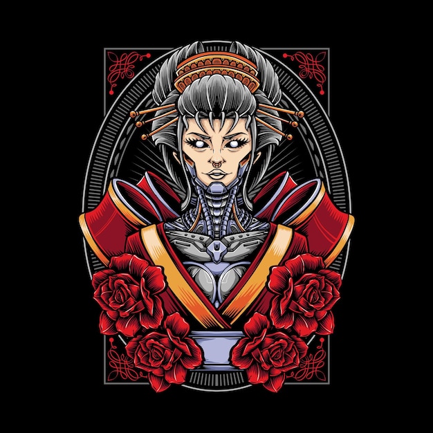 Regal Geisha Amidst Crimson Roses and Ornate Design | Jiffy Designs