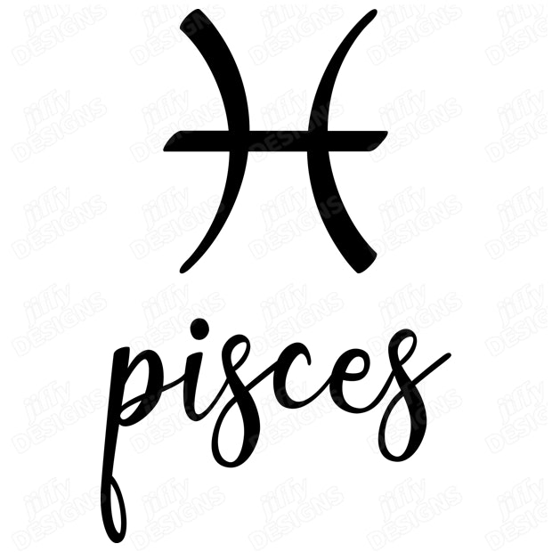 'Pisces' Zodiac Symbol with Elegant Cursive Script | Jiffy Designs