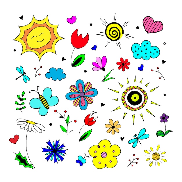 Vibrant Floral Doodles and Decorative Nature Elements Collection ...