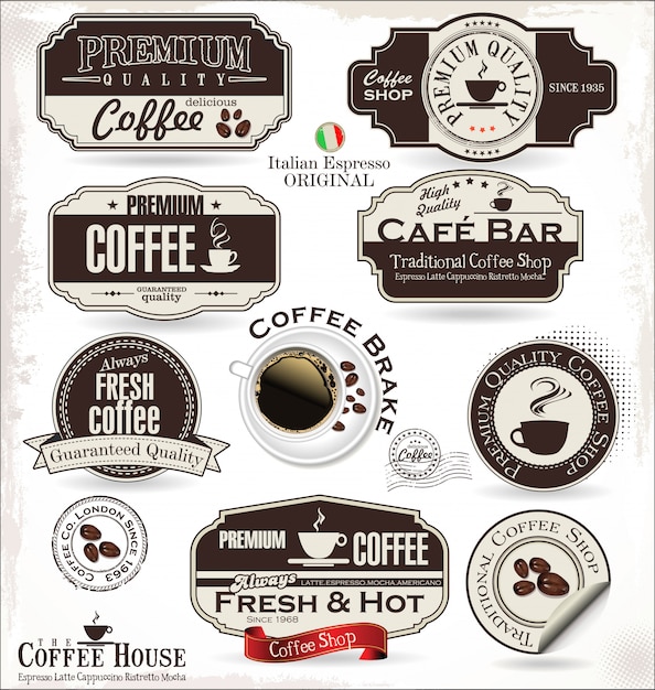 Vintage Coffee-Themed Graphic Collection with Retro Badges and Labels ...