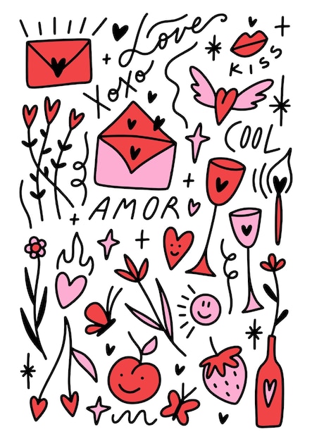 Vibrant Collection of Whimsical Love-Inspired Doodles | Jiffy Designs