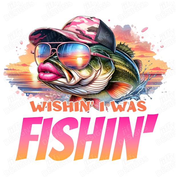 'Wishin I Was Fishin' Vibrant Cartoon Fish with Sunglasses and Cap ...