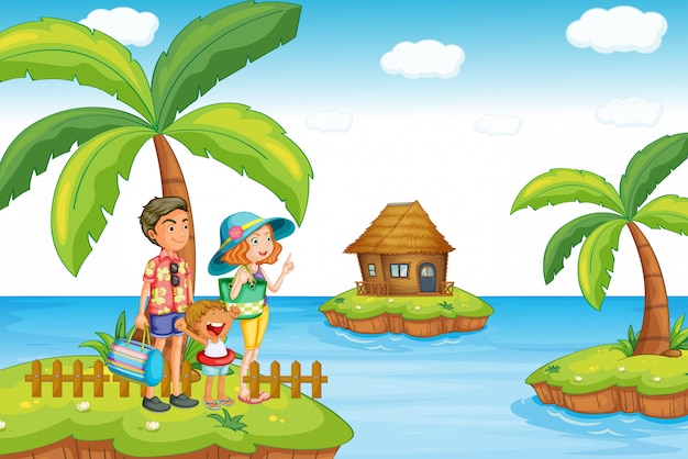 Tropical Island Adventure with Playful Family and Hut Illustration ...
