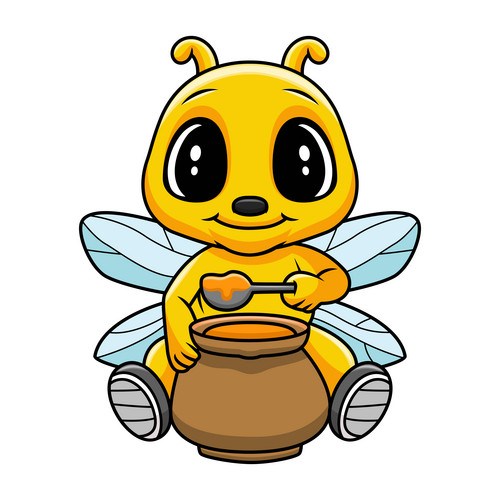 Vector Illustration Of Cartoon Bee With Honey Pot | Jiffy Designs