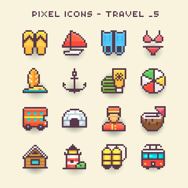Vibrant Collection of Pixel Travel Icons Depicting Diverse Vacation ...
