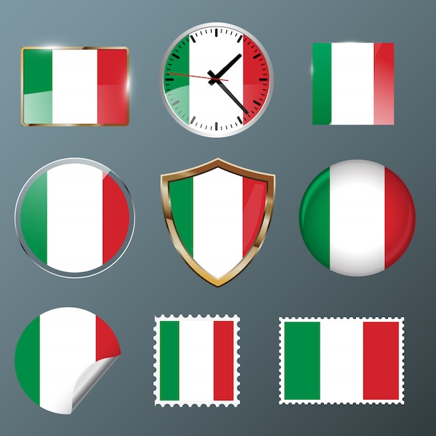 Vibrant Italian Symbols: Flags, Clock, and Heraldic Shield | Jiffy Designs