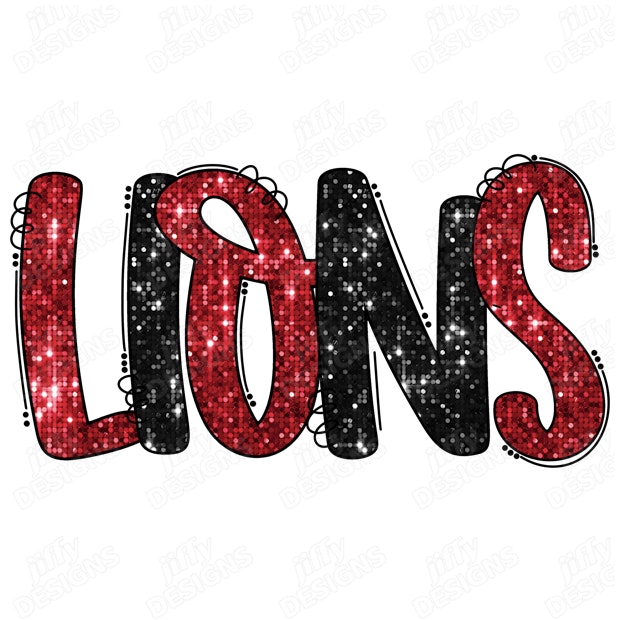 'Lions' Sparkling Red and Black Lettering with Glittering Stars and ...