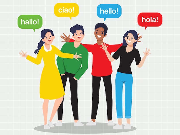 Diverse group greeting in multiple languages with speech bubbles ...