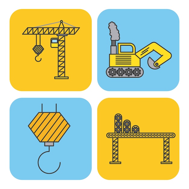 Construction Machinery Icons: Cranes, Excavator, Hook, and Conveyor ...
