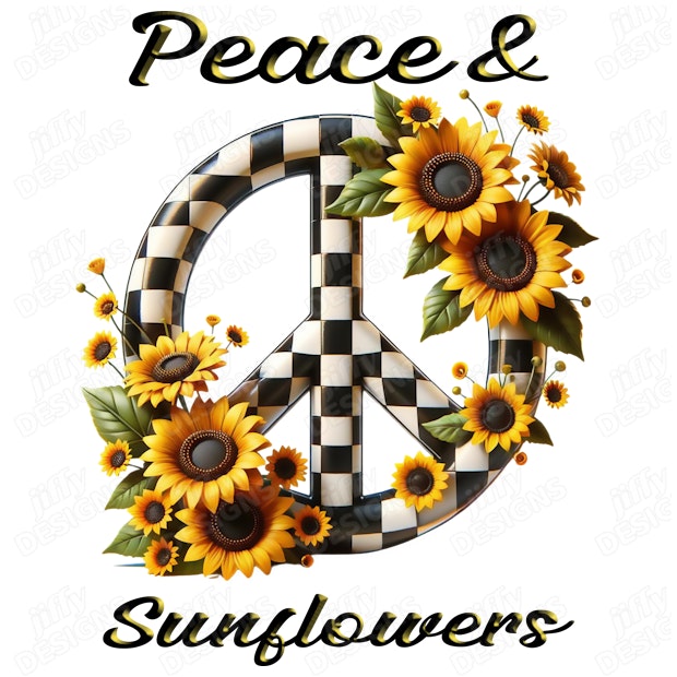 'Peace & Sunflowers' Retro Floral Peace Symbol with Checkered Pattern ...