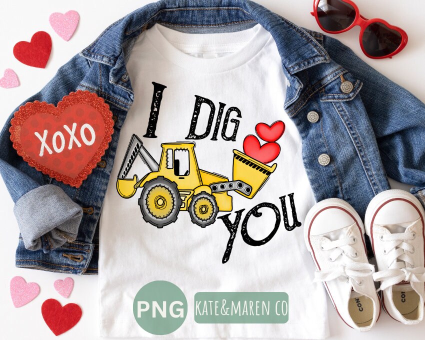 'I Dig You' Playful Cartoon Backhoe with Vibrant Hearts | Jiffy Designs