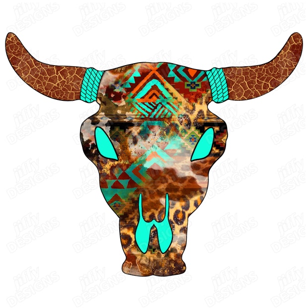 Aztec Bull Skull with Turquoise Accents and Geometric Patterns | Jiffy ...