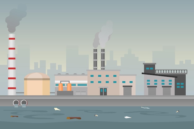 Bustling Industrial Cityscape with Towering Smokestacks and Waterfront ...