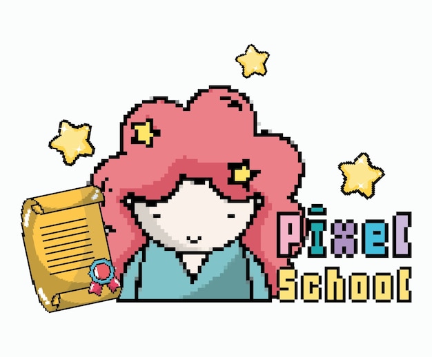 Vibrant Pixel Art Depicts Student with Diploma in Pixelated School ...