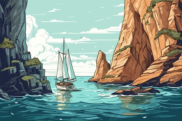Majestic Cliffs and Sailing Ship Adrift in Tranquil Waters | Jiffy Designs