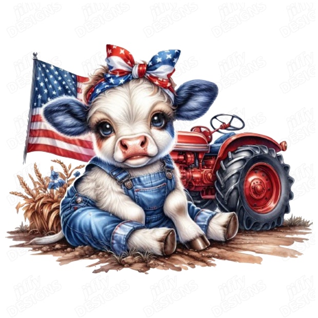 Patriotic Farm Calf with American Flag and Vintage Tractor | Jiffy Designs