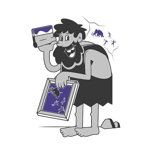 Whimsical Caveman Holding Prehistoric Map and Magnifying Glass | Jiffy ...