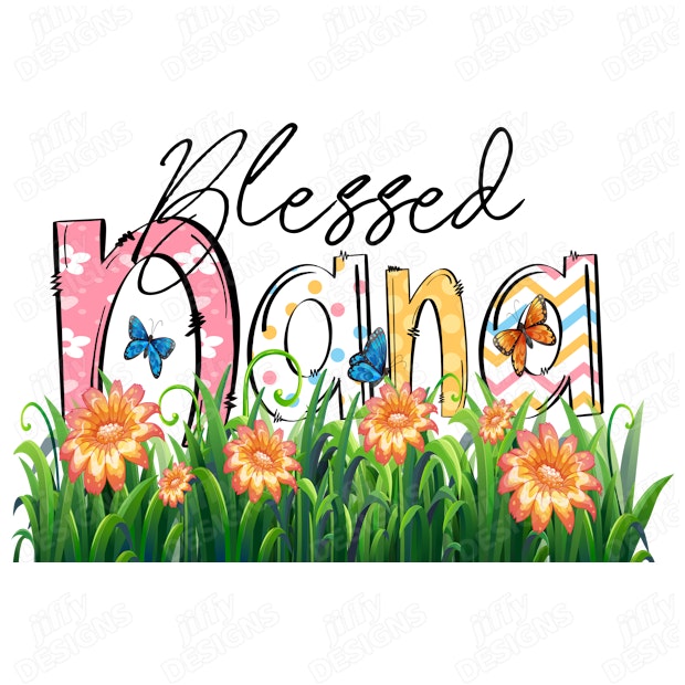 'Blessed Boing' Floral Spring Typography with Butterflies and Grass ...