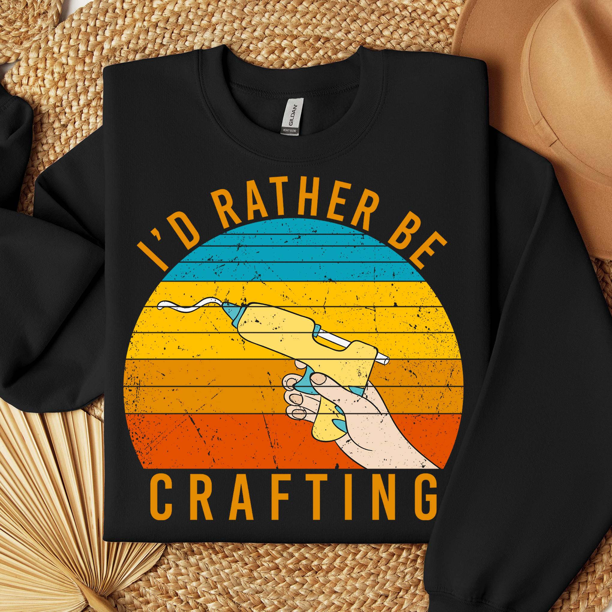 'I'd Rather Be Crafting' Retro Sunset Design with Glue Gun Illustration ...