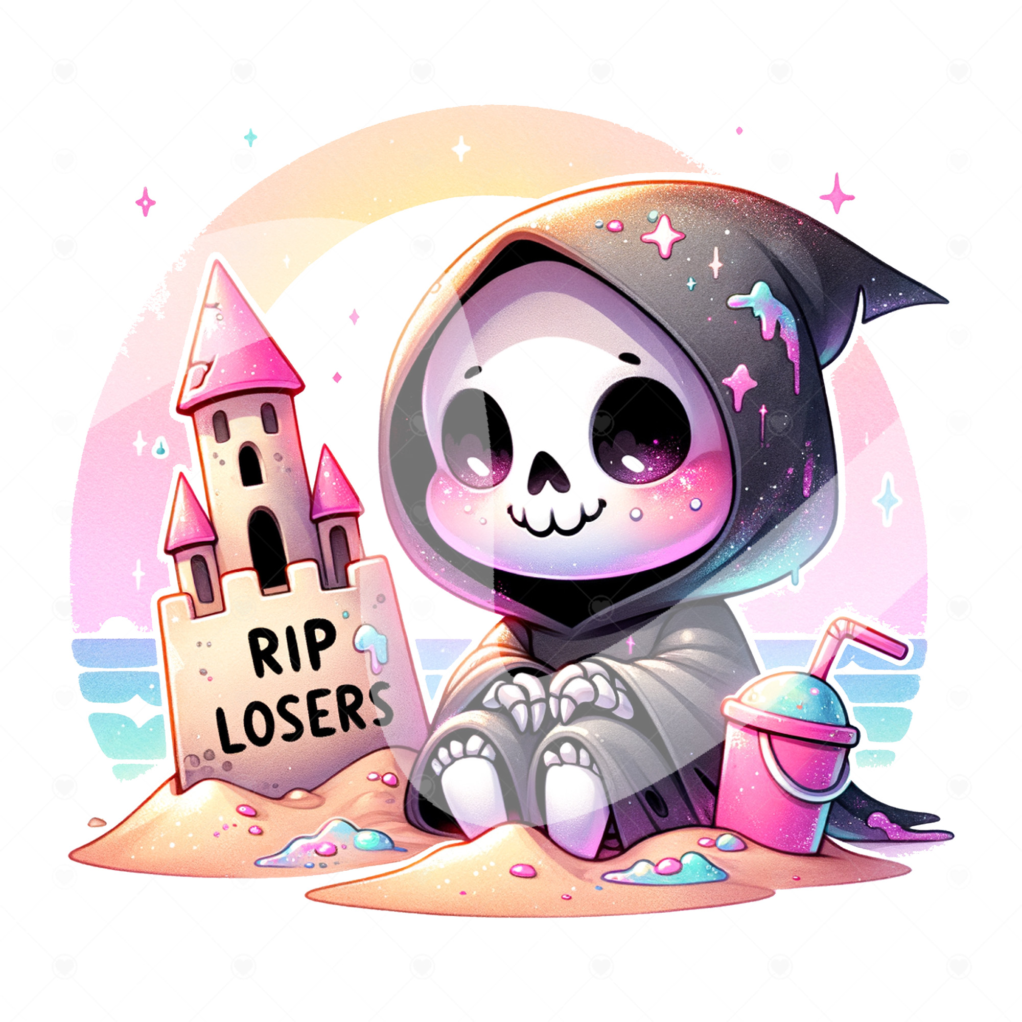 'RIP Losers' Cute Grim Reaper with Sandcastle and Beach Elements ...