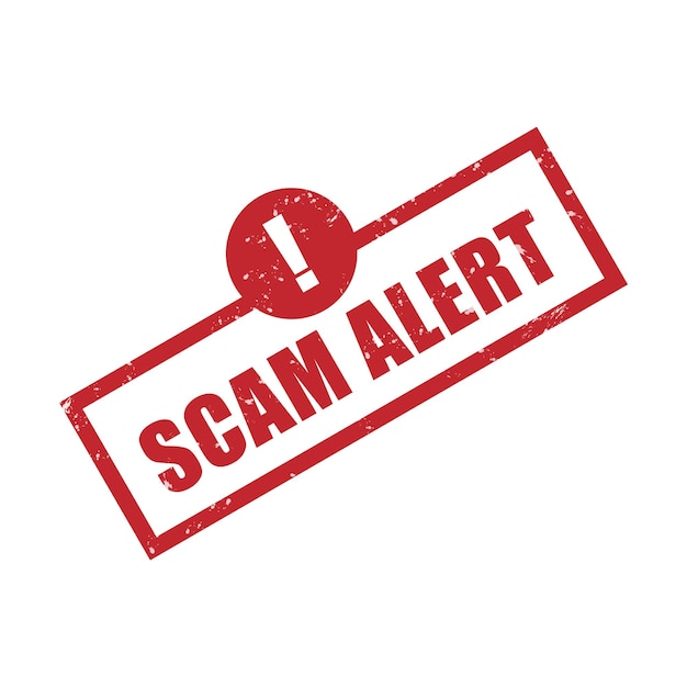 Vibrant Red Scam Warning Stamp on Plain Background | Jiffy Designs