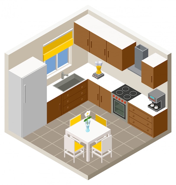 Cozy Isometric Kitchen with Wooden Cabinets and Dining Area | Jiffy Designs