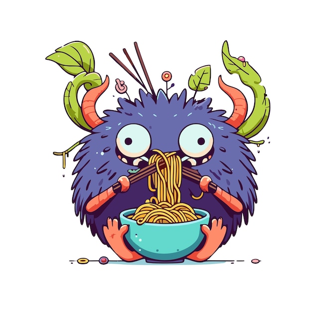 Hungry Fuzzy Monster Slurping Up Noodle Bowl with Chopsticks | Jiffy ...