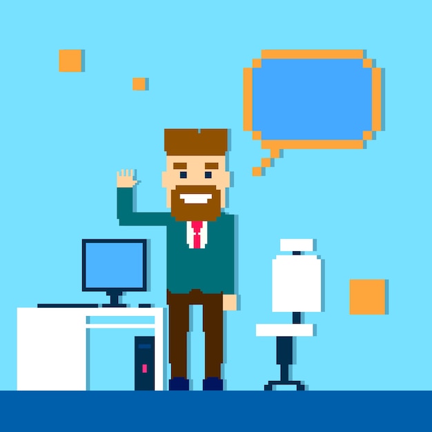 Pixelated Office Worker with Computer and Speech Bubble | Jiffy Designs
