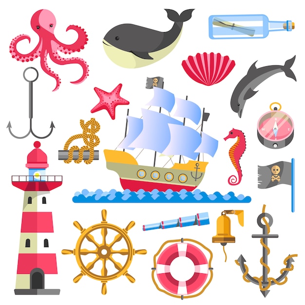 Vibrant Nautical Elements Collection with Marine Creatures and Sailing ...
