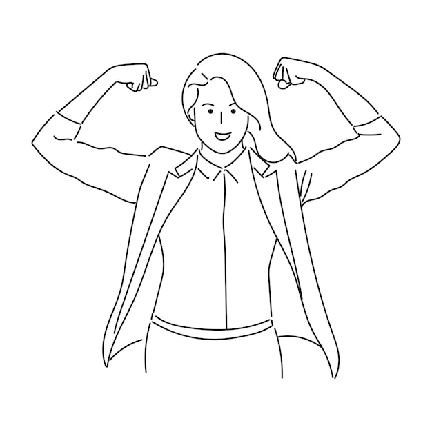 Confident Woman Flexing Her Muscular Arms in Outline Drawing | Jiffy ...