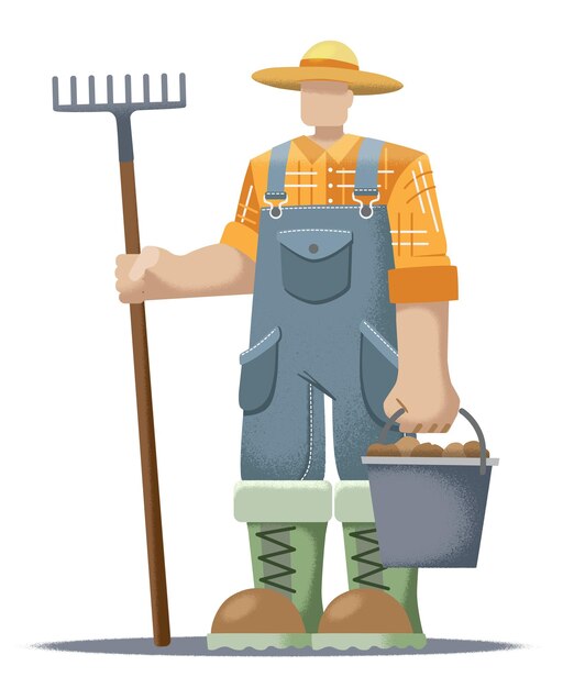 Hardworking Farmer with Rake and Bucket on the Farm | Jiffy Designs