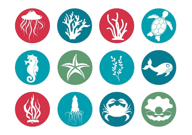 Vibrant Marine Life Icons Depicting Diverse Aquatic Creatures | Jiffy ...