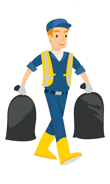 Friendly Garbage Collector with Trash Bags Smiling | Jiffy Designs