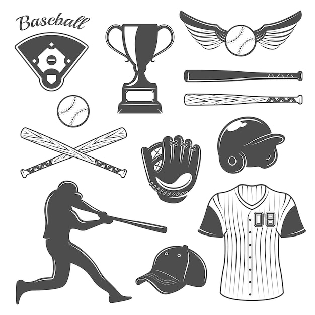 Iconic Baseball Elements in Monochrome Silhouettes | Jiffy Designs