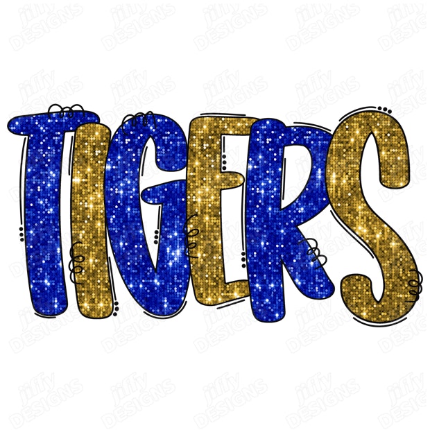 'Tigers' Sparkling Blue and Gold Lettering with Playful Curves and Dots ...
