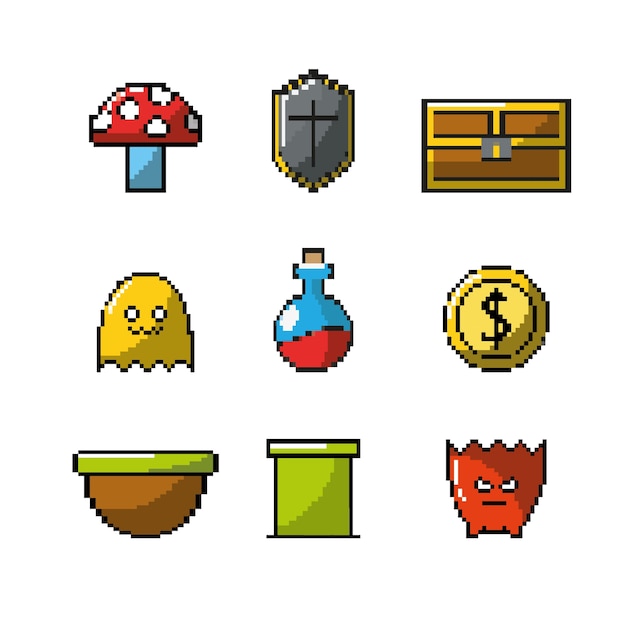 Vibrant Pixel Art Collection: Mushrooms, Shields, and More | Jiffy Designs