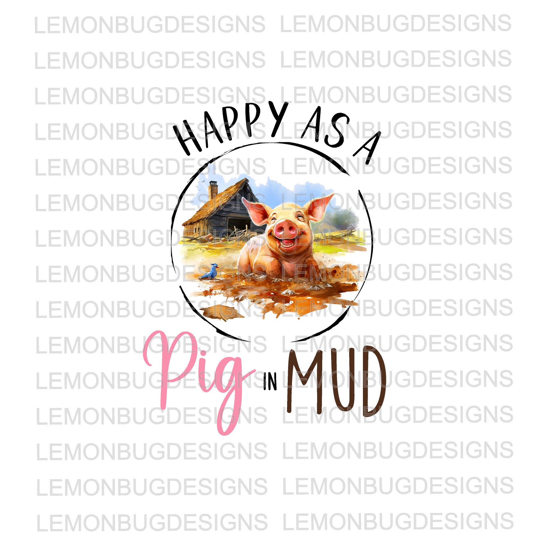 'Happy as a Pig in Mud' Charming Circular Illustration with Playful ...